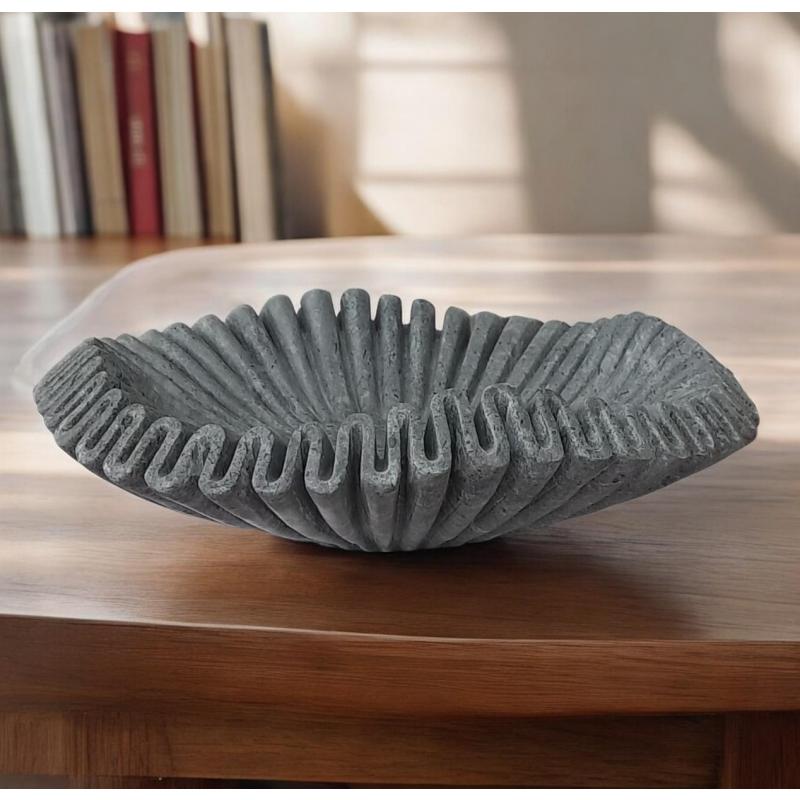 Hand-Carved Black Grey Marble Scallop Ruffle Bowl | Vintage Decorative ...